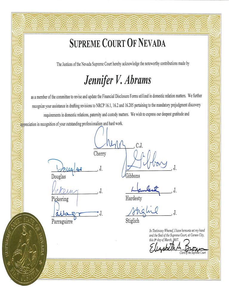Supreme Court of Nevada Award for Jennifer Abrams | The Abrams Law Firm ...